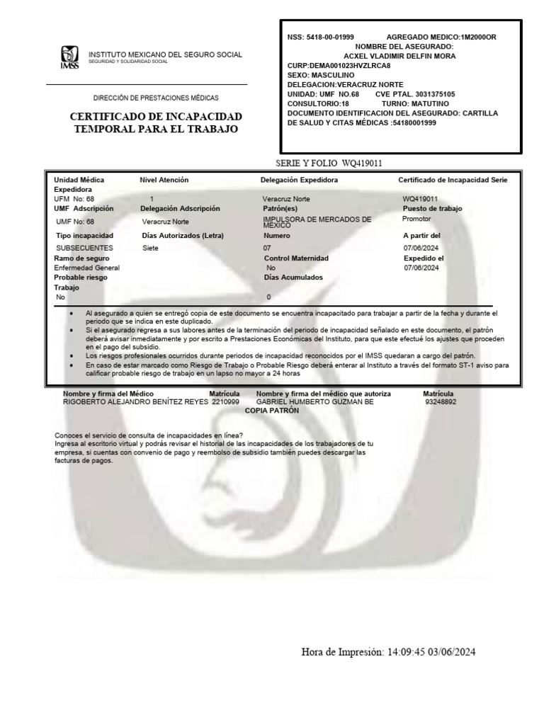 Certificado de Incapacidad Temporal para El Trabajo: Serie Y Folio Wq419011 | PDF