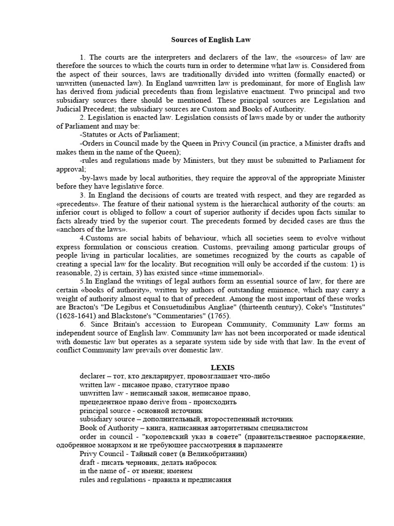 Sources of English Law Explained | PDF | English Law | Precedent
