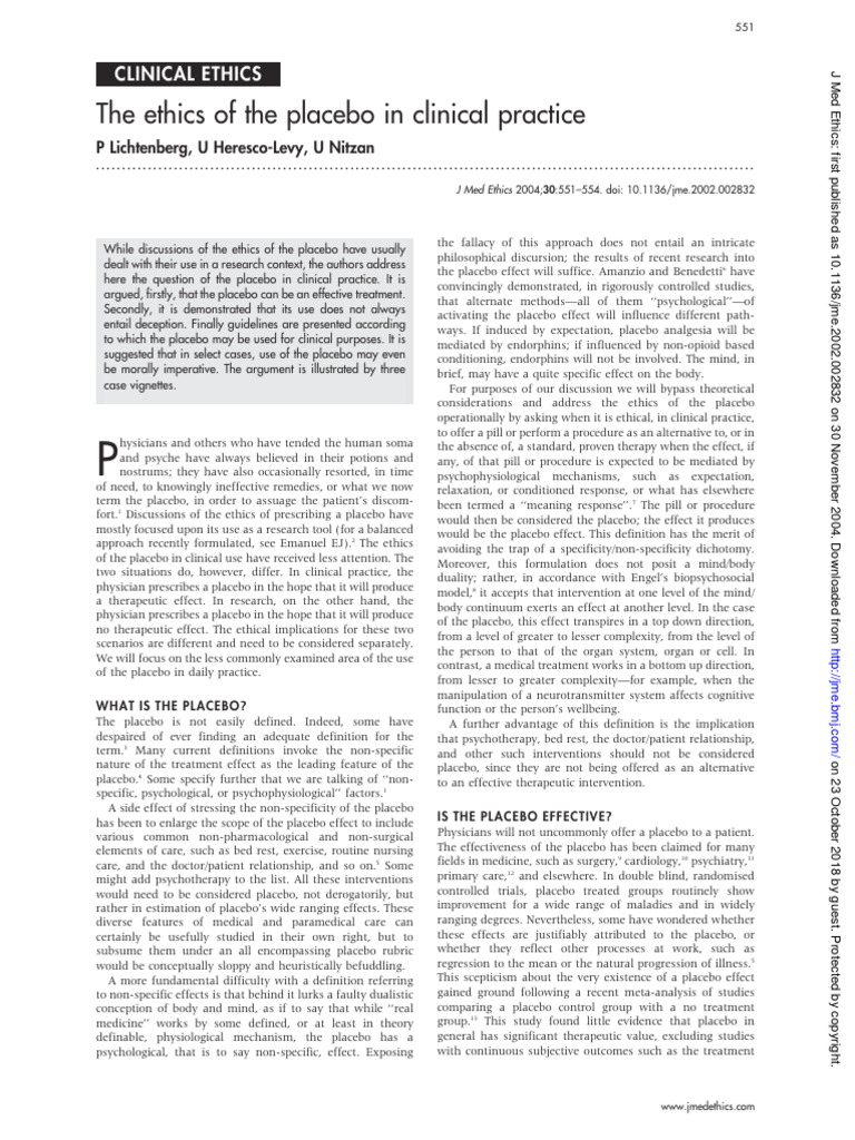 The Ethics of Placebo in Clinical Practice | PDF | Placebo | Psychotherapy
