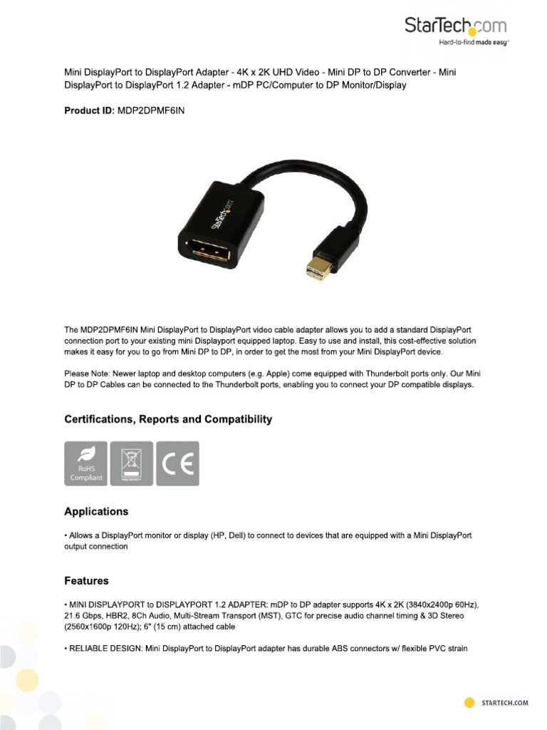 StarTech MDP To DP 1.2 Adapter | PDF