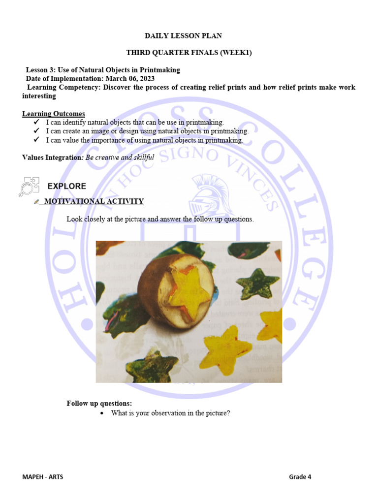 Grade 4 Lesson 3 Arts | PDF | Printmaking | Image