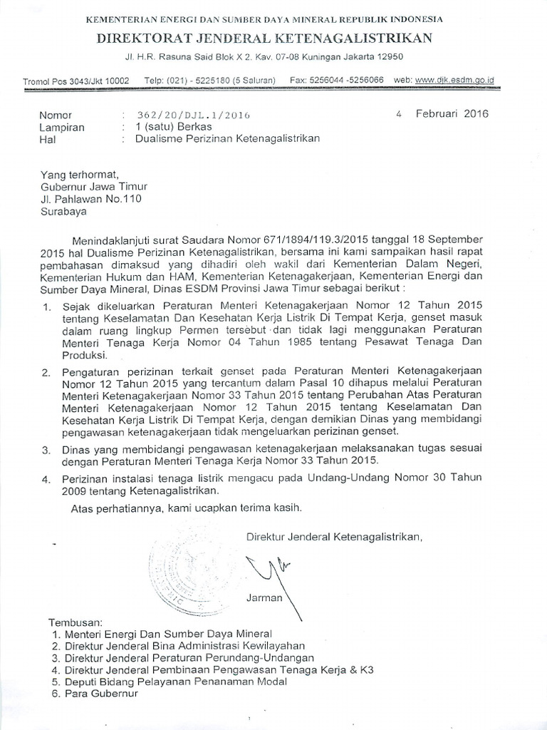 ESDM - 160204 - Surat Dualisme Perizinan Ketenagalistrikan | PDF