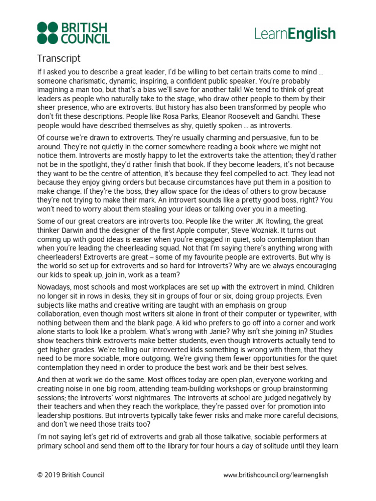 Introverts - Redressing The Balance - Script | PDF | Extraversion And ...