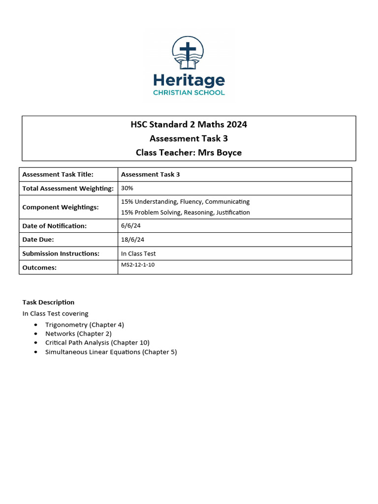 HSC Standard 2 Maths Test Overview 2024 | PDF | Mathematics | Knowledge