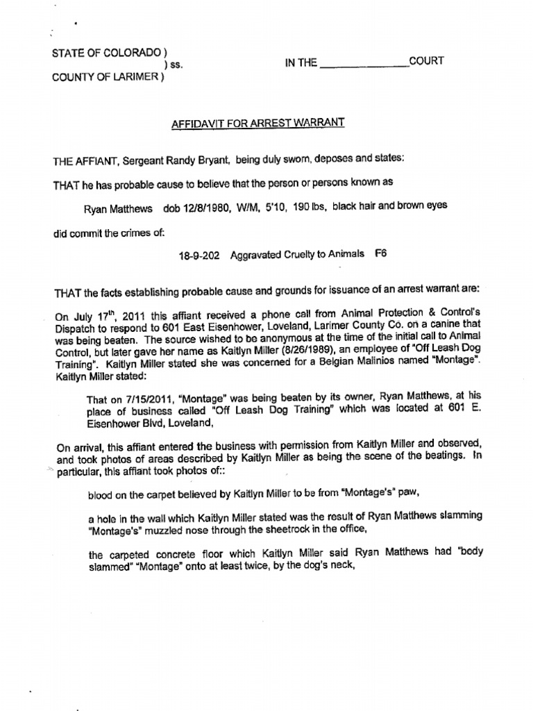 Ryan Matthews Arrest Affidavit | PDF