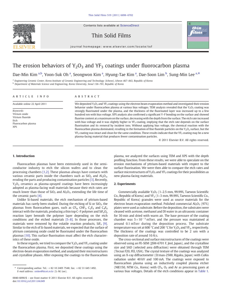 The Erosion Behaviors of Y2O3 and YF3 Coatings Under Fluorocarbon ...
