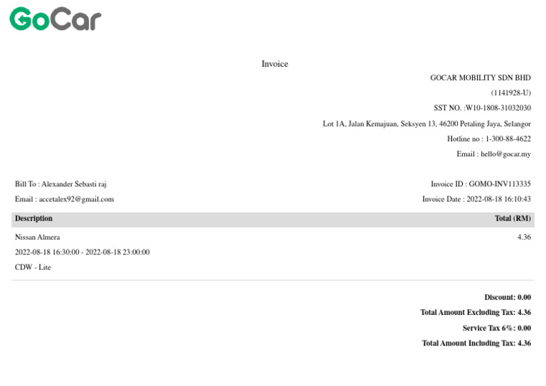 GOCAR Invoice for Nissan Almera Rental | PDF