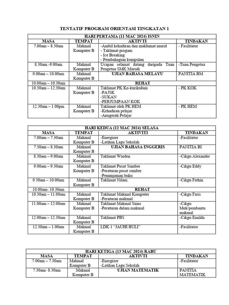 TENTATIF PROGRAM ORIENTASI TINGKATAN 1 | PDF