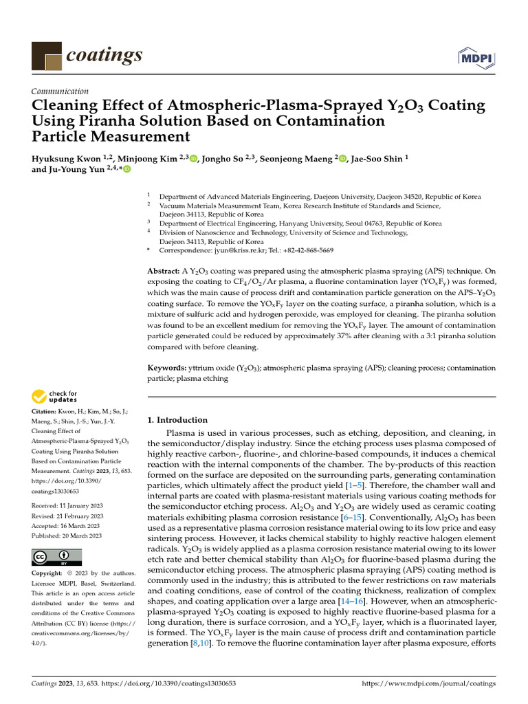 Coatings-13-00653 - Cleaning Effect of Atmospheric-Plasma-Sprayed Y2O3 ...
