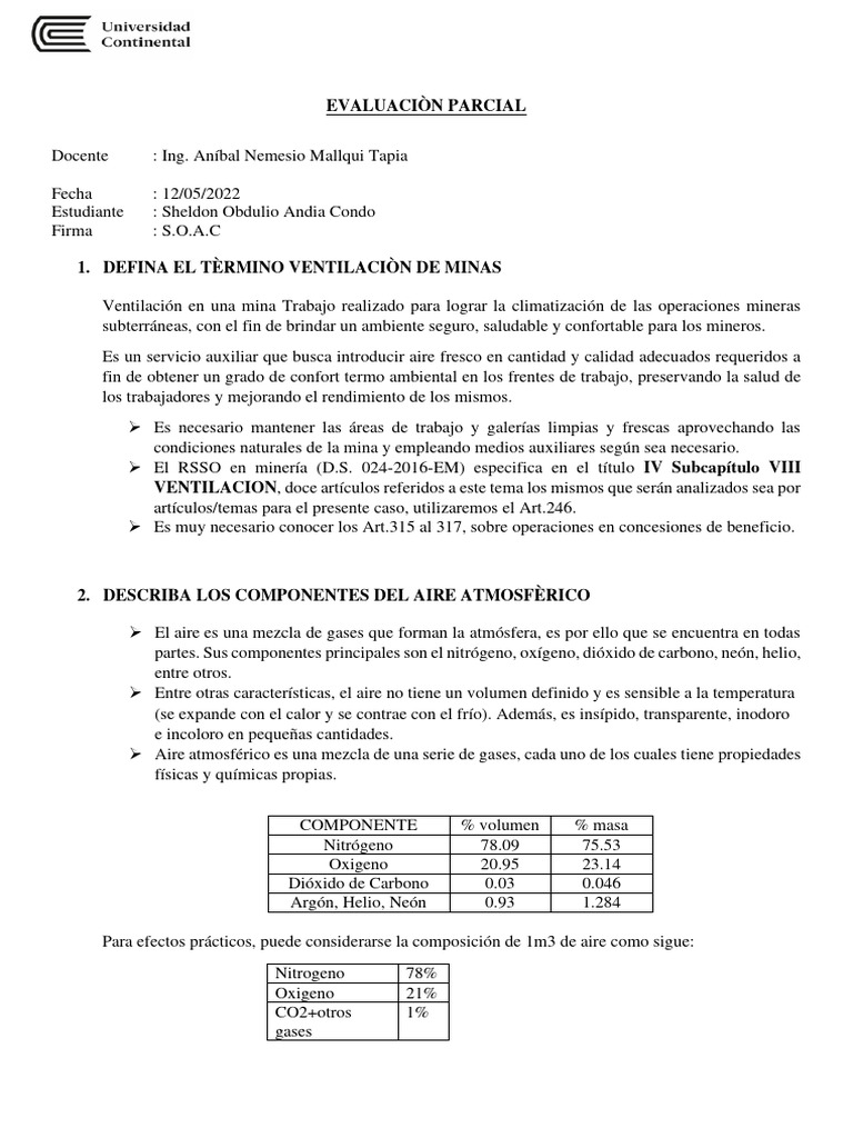 Evaluaciòn Parcial-Ventilacion de Minas-Sheldon Andia Condo | PDF | Oxígeno | Atmósfera de tierra