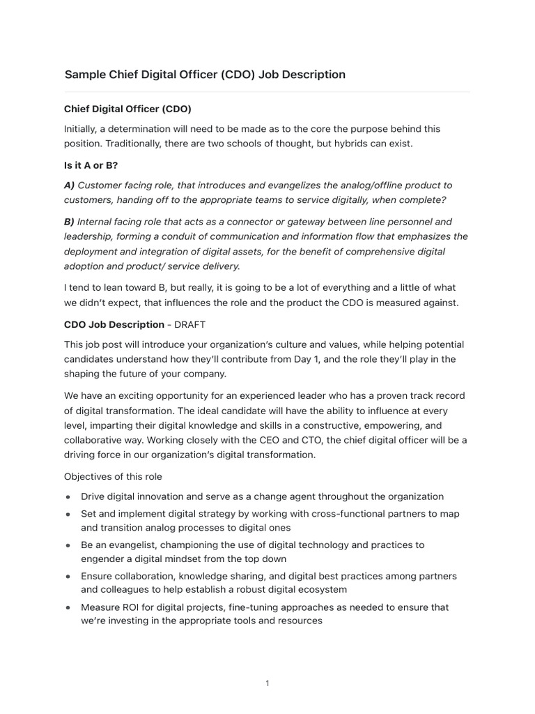 Sample Chief Digital Officer (CDO) Job Description | PDF | Strategic ...