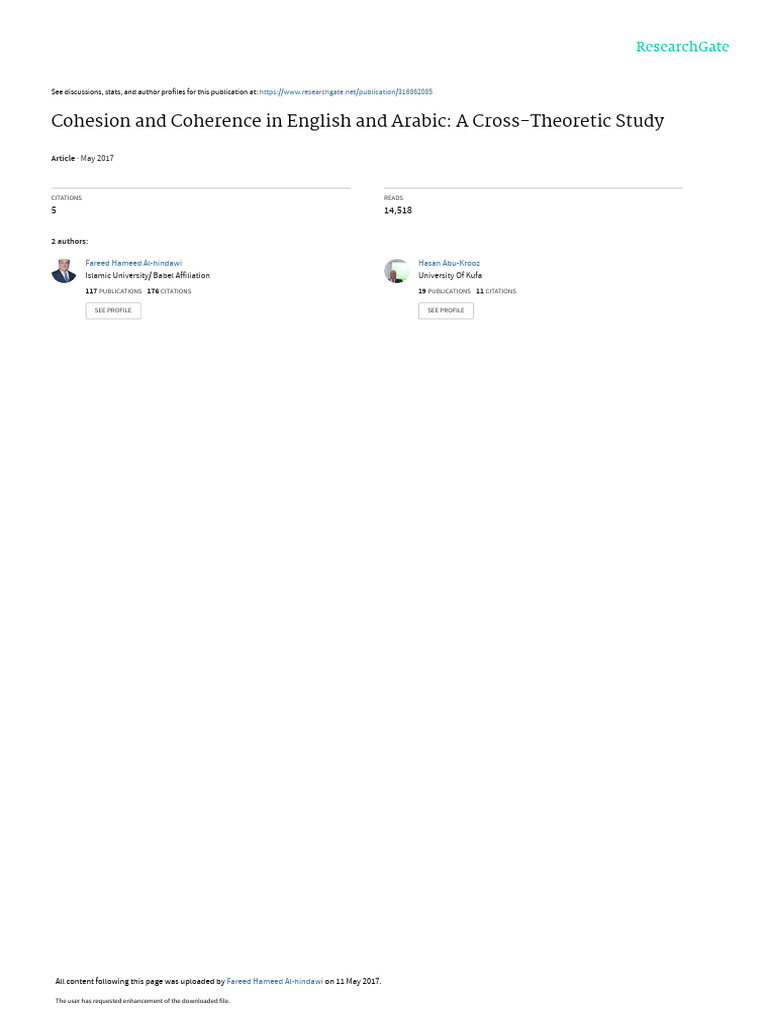 Cohesion and Coherence in English and Arabic A Cross Theoretic Study1 ...