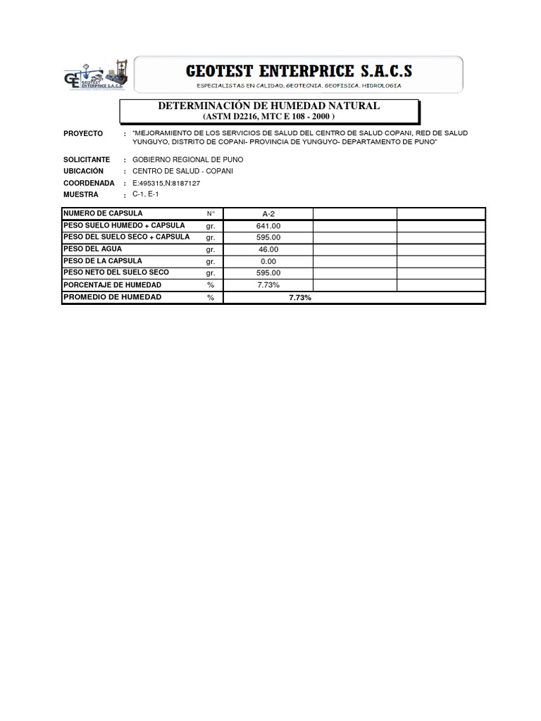 Determinación de Humedad Natural: (ASTM D2216, MTC E 108 - 2000) | PDF