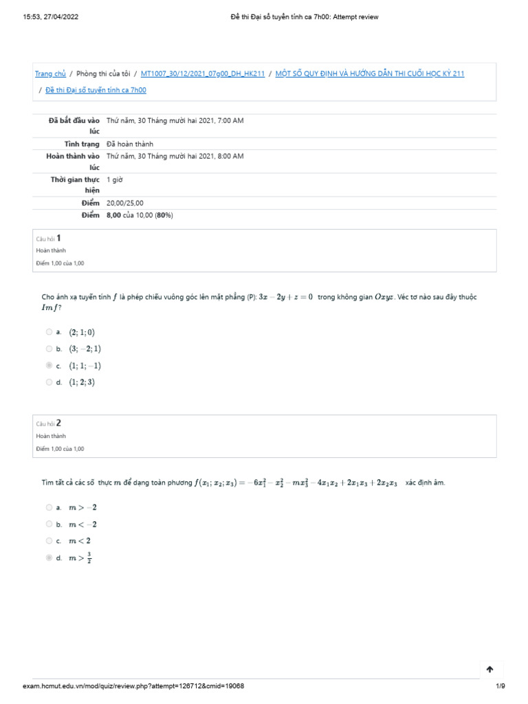 Đề thi Đại số tuyến tính HK211 ca 7h00 - Attempt review | PDF