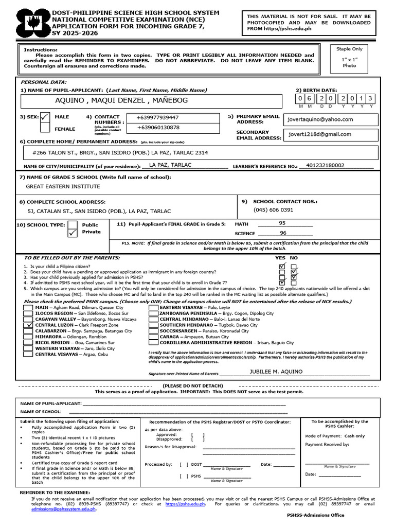 NCE Application Form for Grade 7, SY 2025-2026 | PDF | Mindanao | Luzon