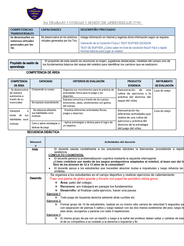 3ro TRABAJO 3 UNIDAD 3 SESIÓN DE APRENDIZAJE N | PDF | Evaluación | Aprendizaje