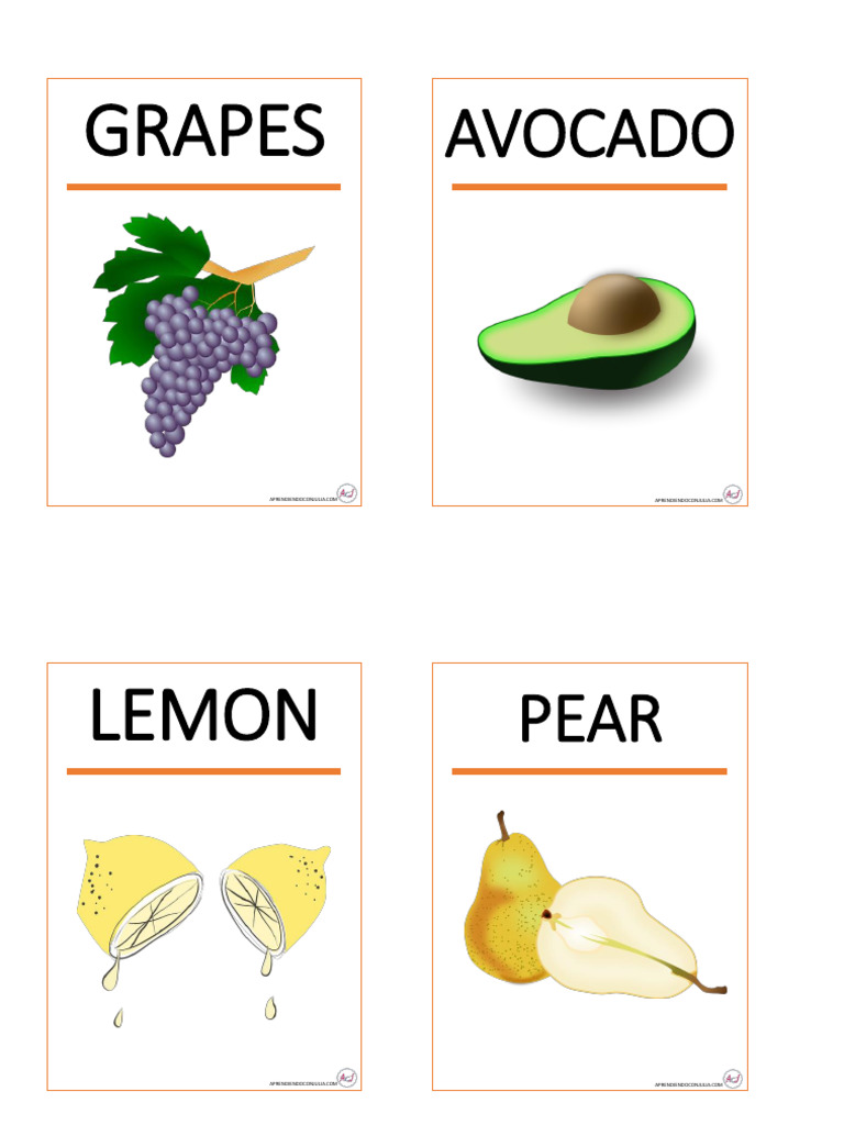 Tarjetas Vocabulario Fruta en Inglés | PDF