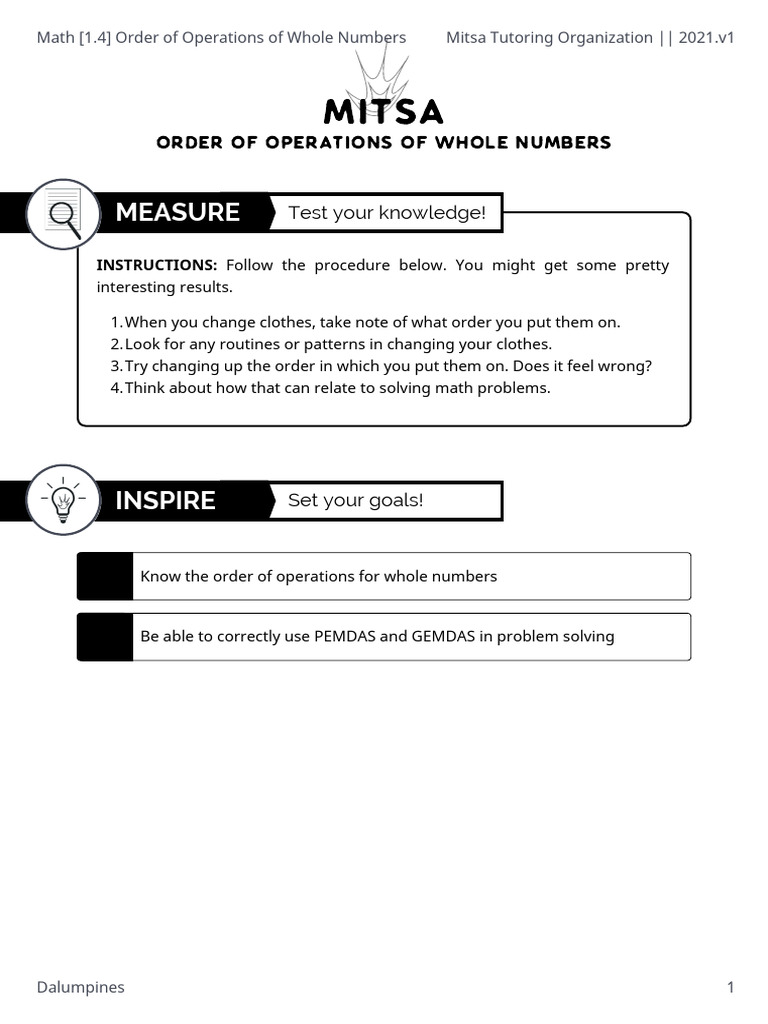 Math (1.4) Order of Operations of Whole Numbers | PDF | Bracket | Learning