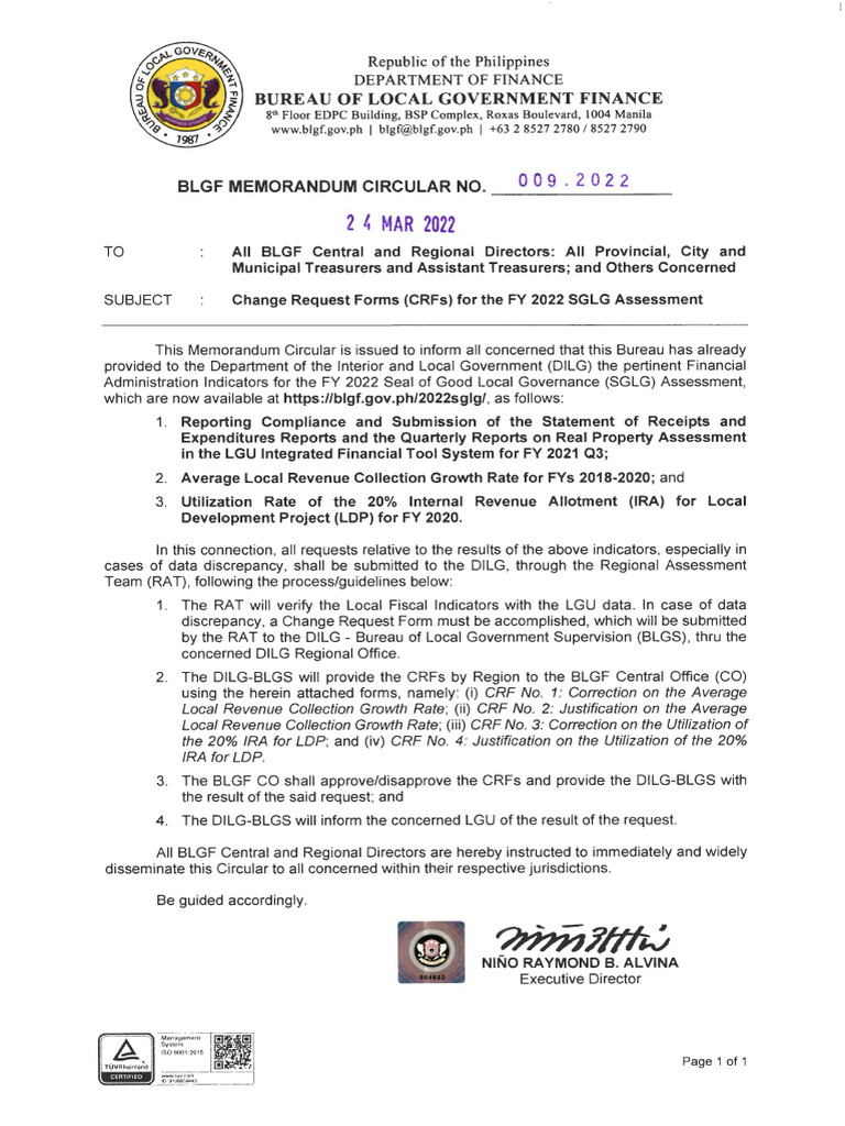 BLGF MC No. 009.2022 Change Request Forms For The FY 2022 SGLG Assessment | PDF | Fiscal Year ...