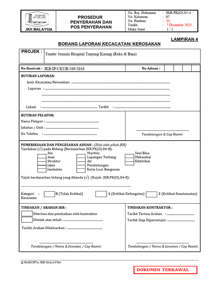 Borang DLP, Tarikh Pindaan 7 Dis 2023 JKR - PK (O) .05-4 - k7p1 | PDF