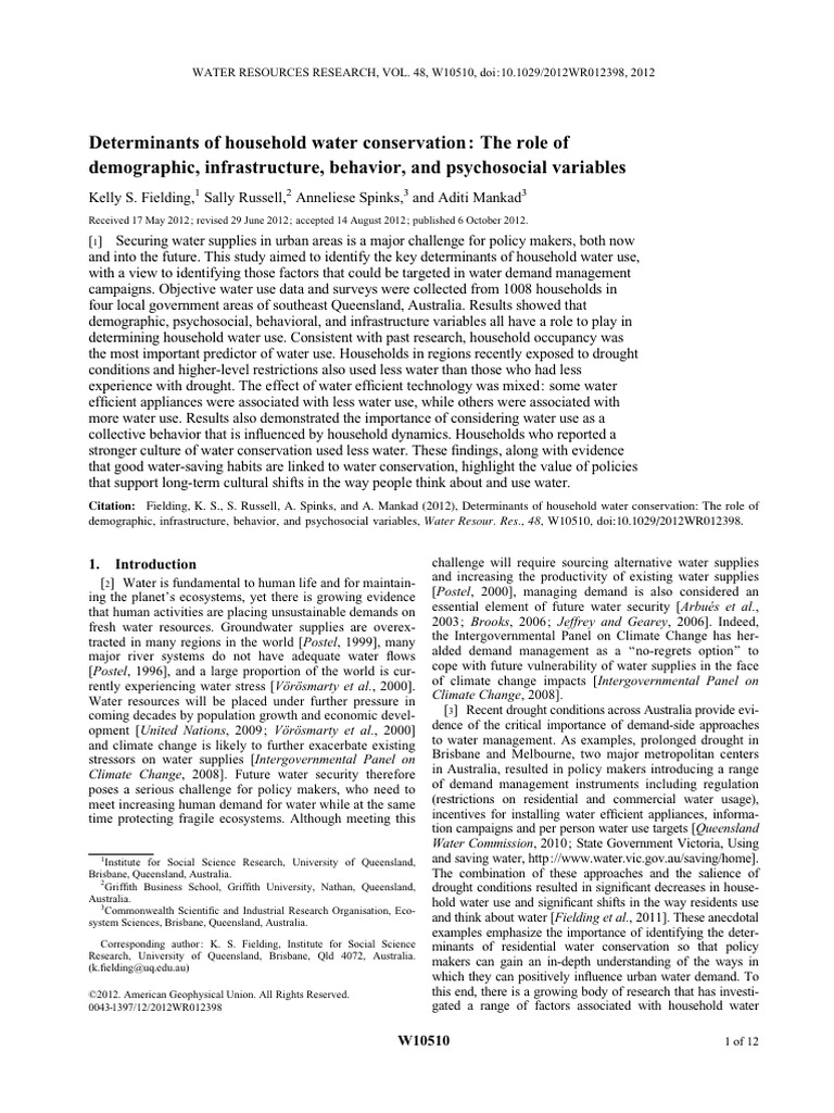 Water Resources Research - 2012 - Fielding - Determinants of household water conservation The ...