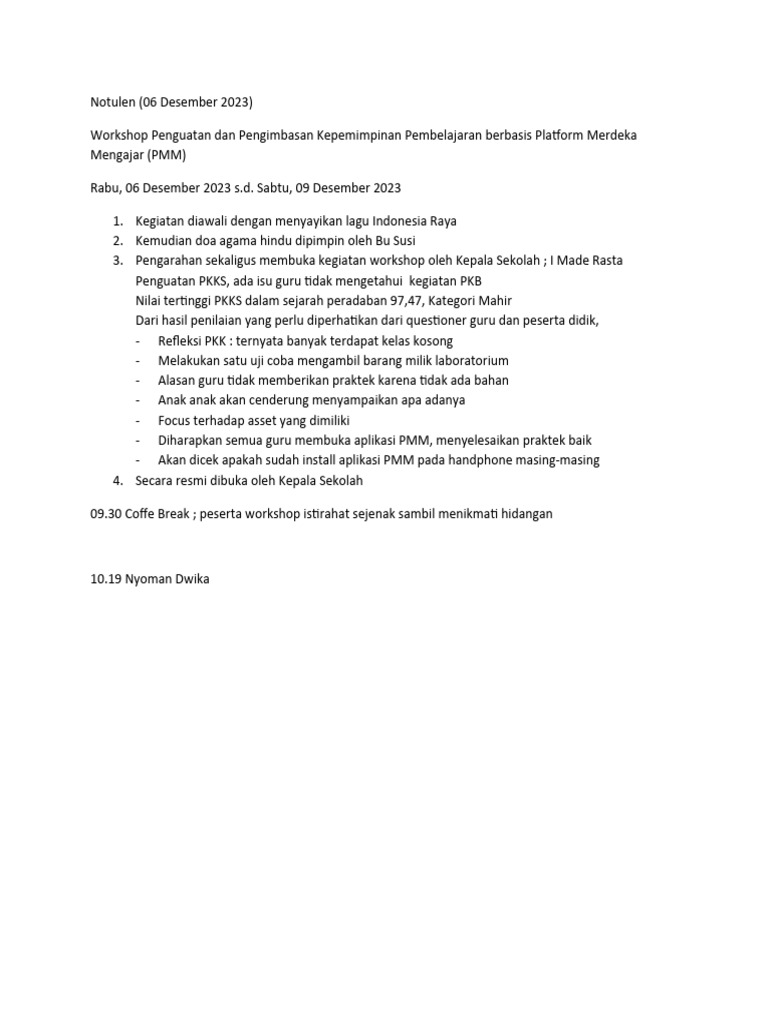 Notulen Workshop PMM (16 Desember 2023) | PDF