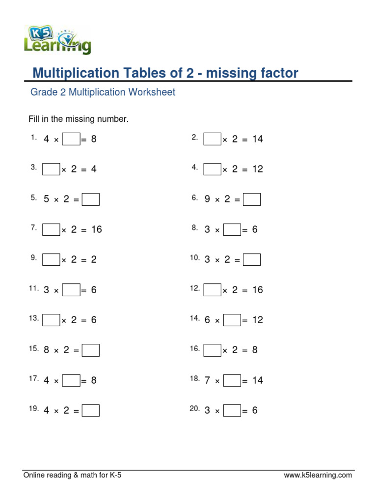 Grade 2 Multiplication Table 2 Missing Factor A | PDF