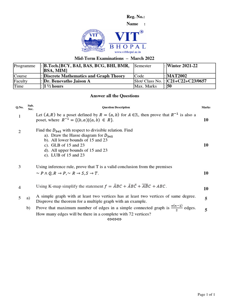 MAT2002 - Discrete Mathematics and Graph Theory-1 | PDF | Combinatorics ...