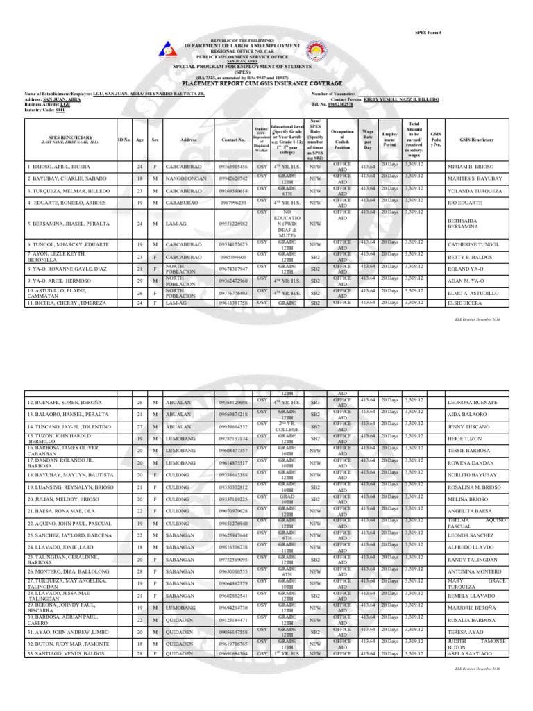 Placement Form SPES - OSY 2024 | PDF | Expense | Labor Relations