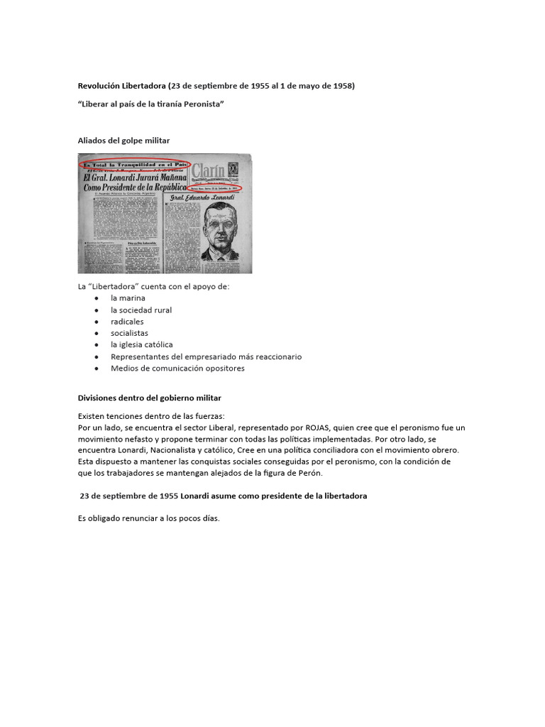 Revolución Libertadora (23 de Septiembre de 1955 Al 1 de Mayo de 1958 ...
