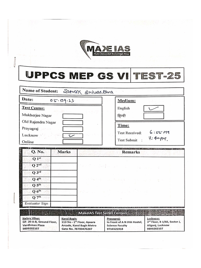Satwik Srivastava Test 25u P Special Pdf