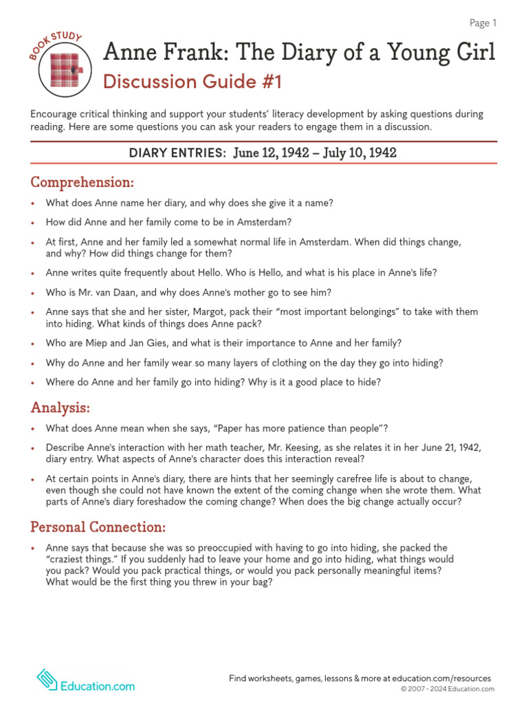 Book Study Anne Frank The Diary of A Young Girl Discussion Guide 1 ...