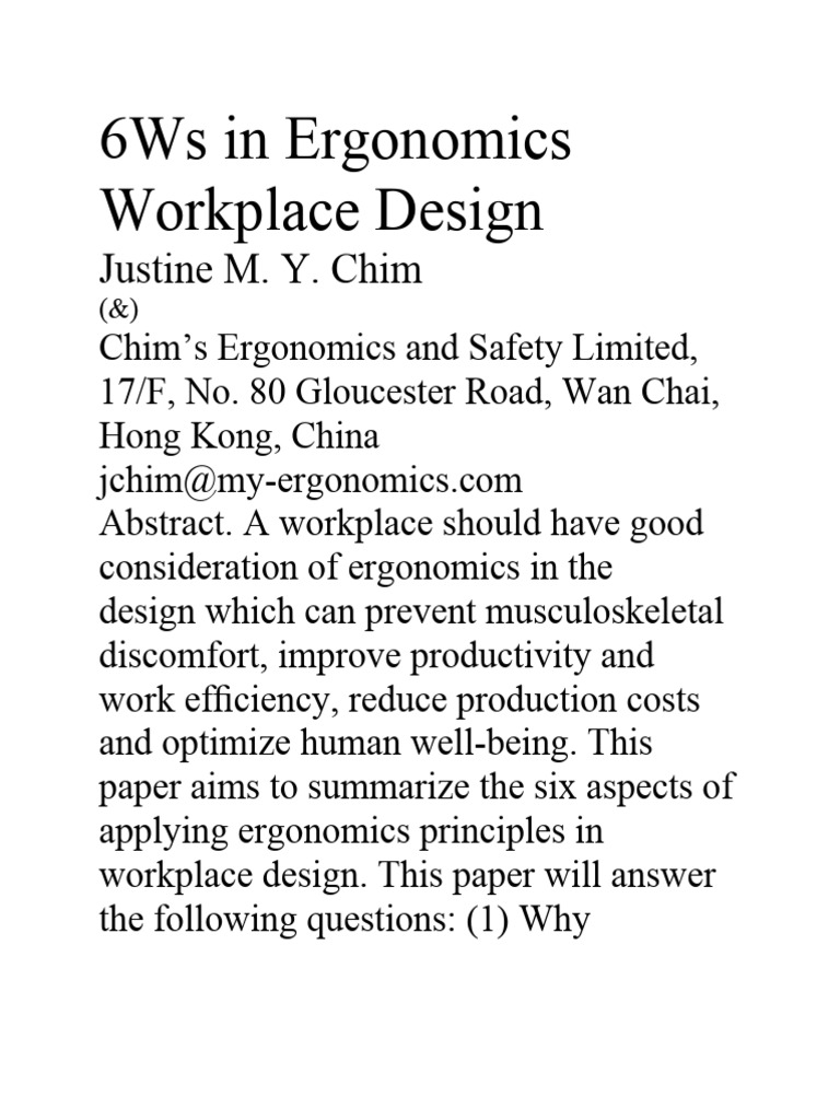 6Ws in Ergonomics Workplace Design | PDF | Human Factors And Ergonomics ...
