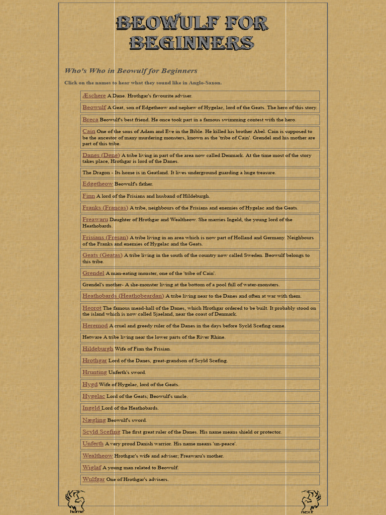 Beowulf For Beginners - Who's Who | PDF | Beowulf | English Folklore