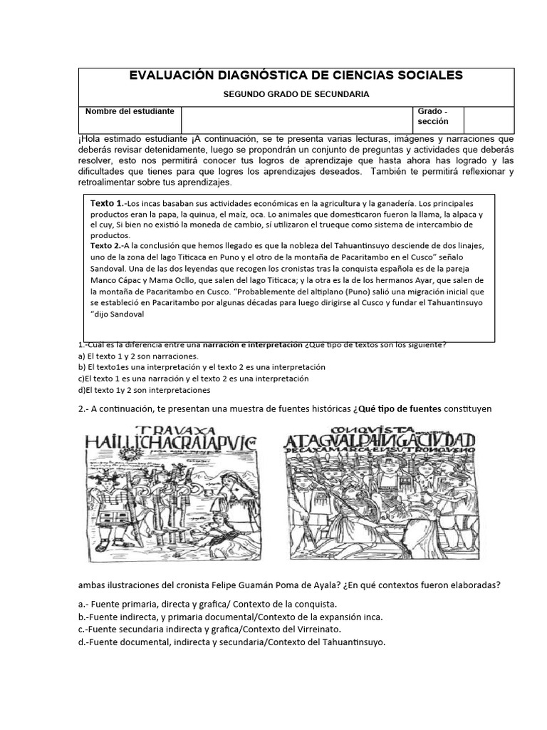 Eval. Diag. Segundo CCSS 2024 | PDF | Imperio Inca