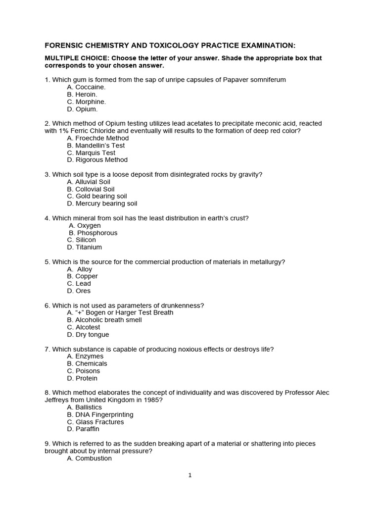 FORENSIC CHEMISTRY AND TOXICOLOGY PRACTICE EXAMINATION | Download Free ...