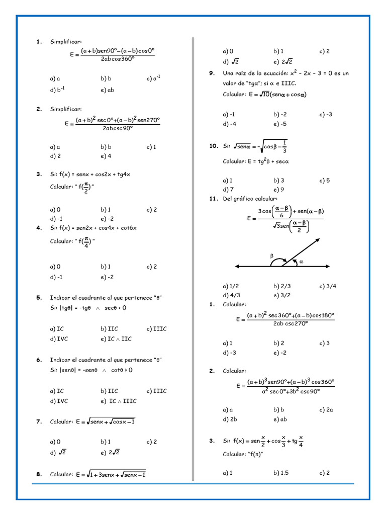 Razones Trigonométricas de Ángulos Cuadrantales para Quinto de Secundaria | Descargar gratis PDF ...