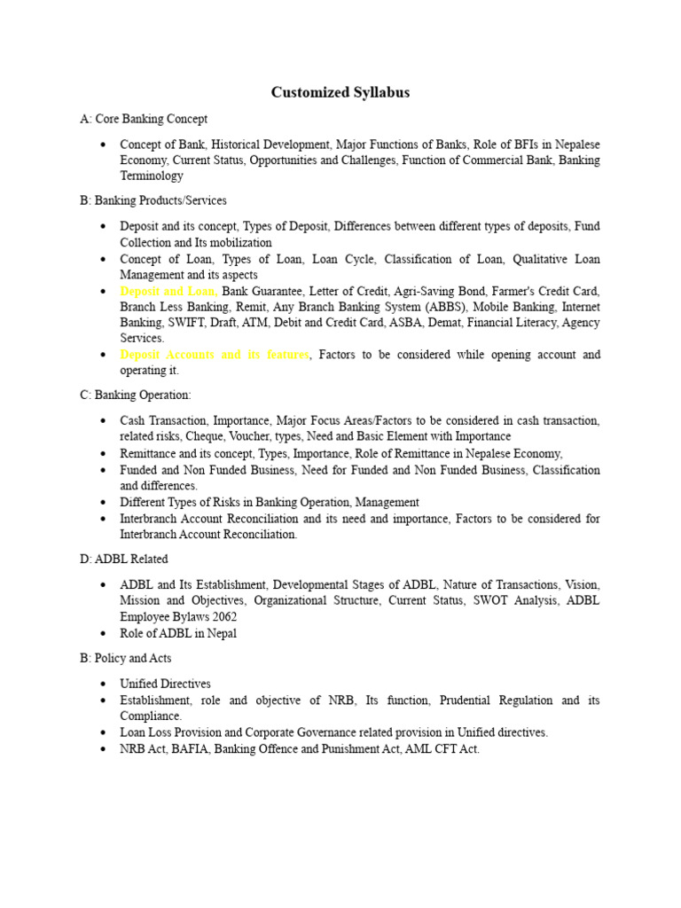 ADBL Banking Syllabus Overview | PDF | Finance & Money Management