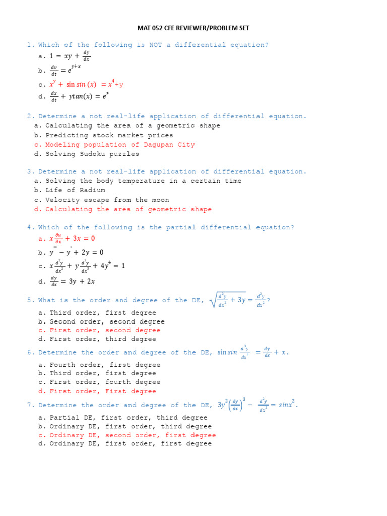 Mat 052 Cfe Reviewer | PDF | Calculus | Differential Calculus