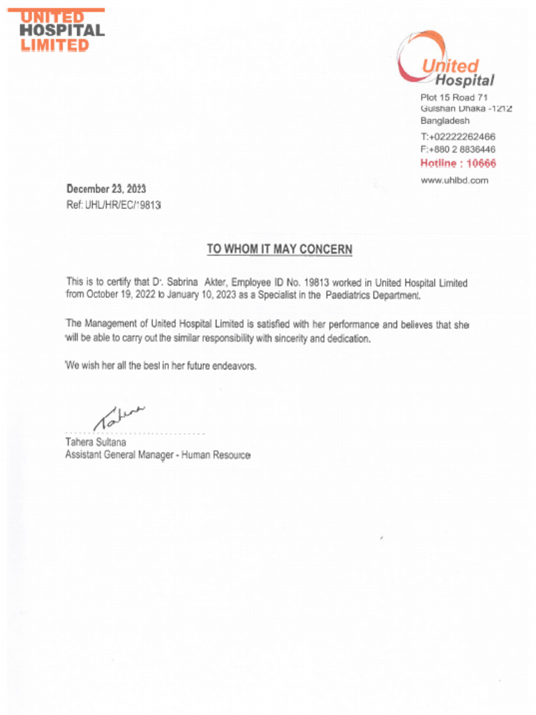 DR - Sabrina - United Hospital - Experience Certificate | PDF