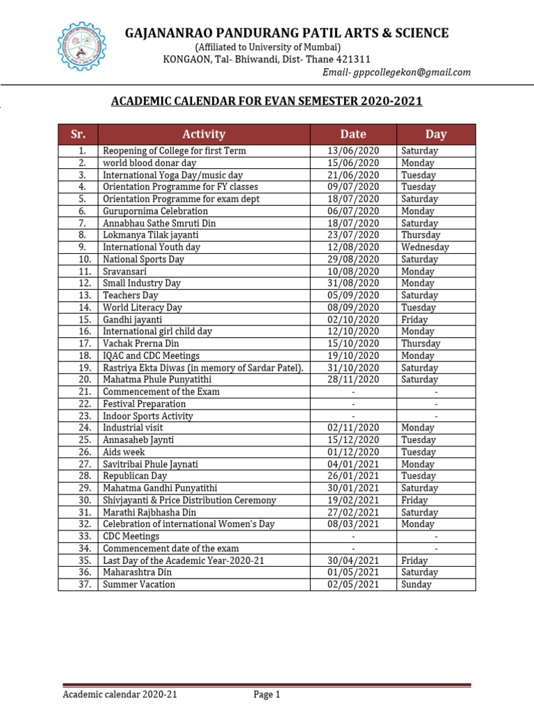 Academic Calendar 2020-2021 | PDF