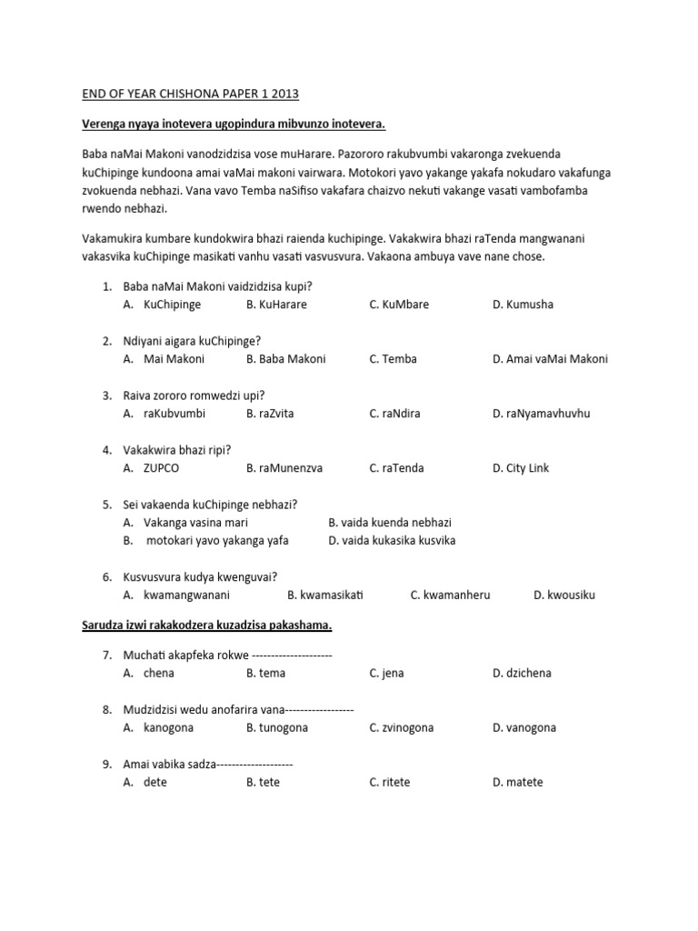End of Year Chishona Paper 1 2013 Grade 3 | PDF | Language Arts ...