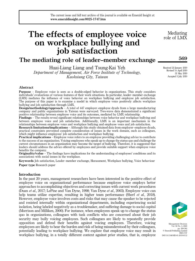 Liang Yeh 2019 | PDF | Job Satisfaction | Workplace Bullying