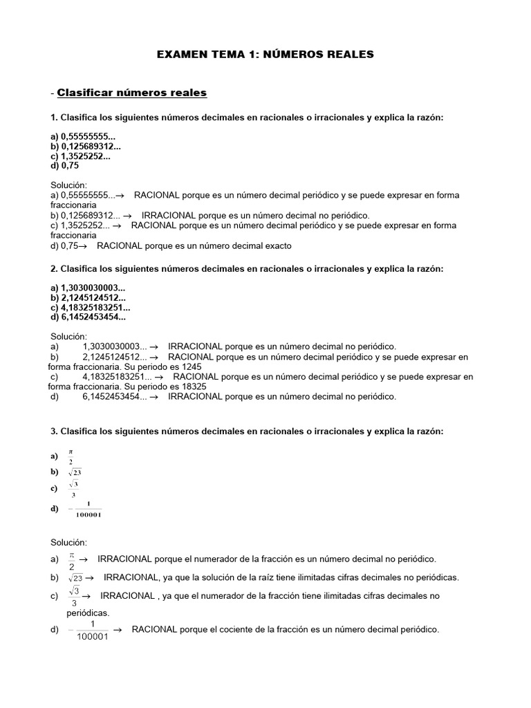 Ejercicios Numeros Reales 4c2bab | PDF | Número racional | Decimal