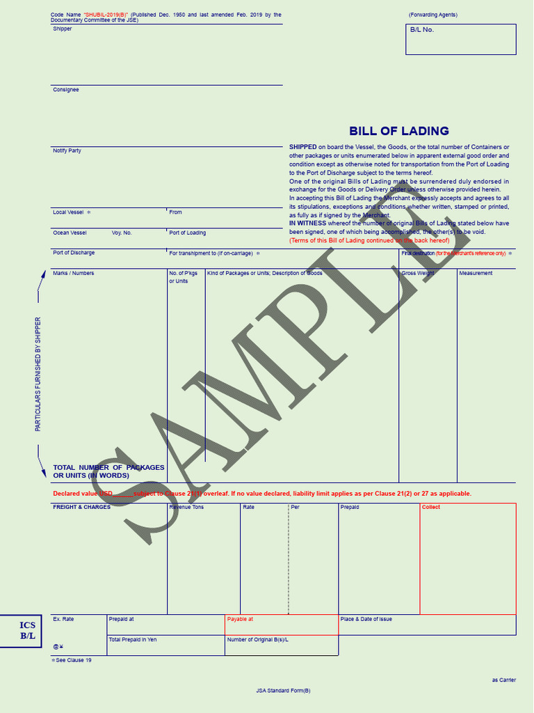 Shubil2019 (B) Sample | PDF | Bill Of Lading | Cargo