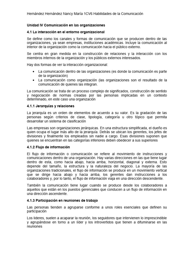Unidad IV Comunicación en las organizaciones Hernandez Hernandez Nancy Maria 1CV6 | PDF ...