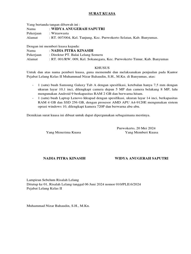 Surat Kuasa Lelang | PDF