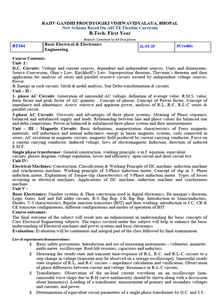 RGPV Syllabus Aicte BT 104 Basic Electrical and Electronics Engineering ...