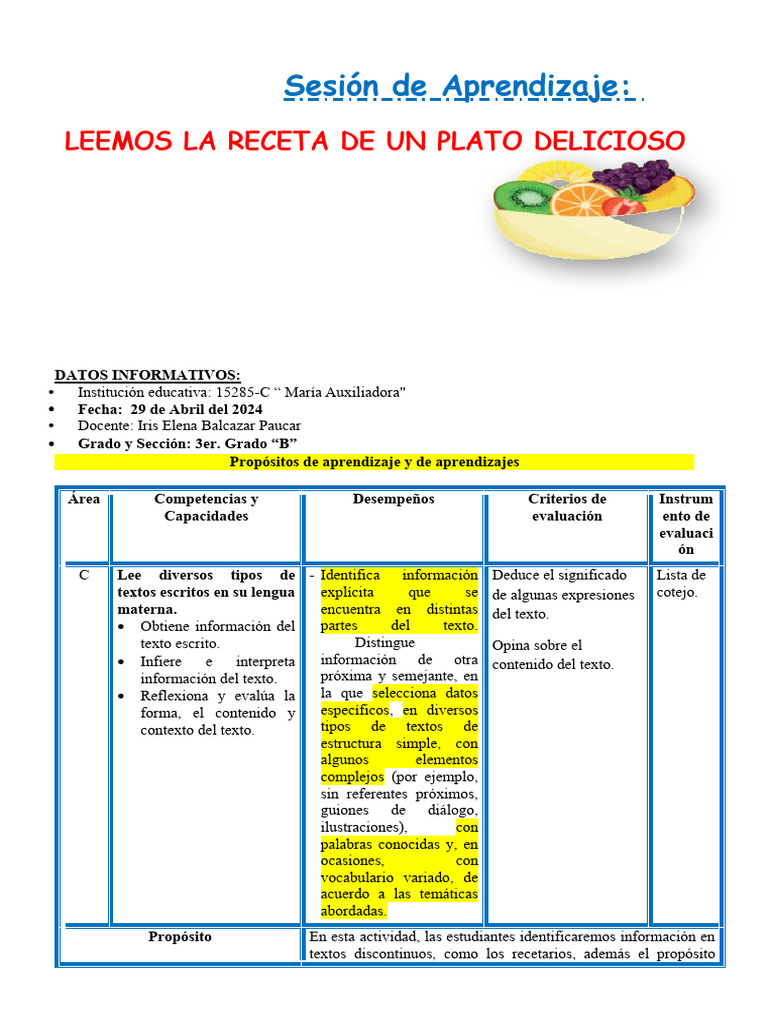 Com Leemos La Receta de Un Plato Delicioso | PDF