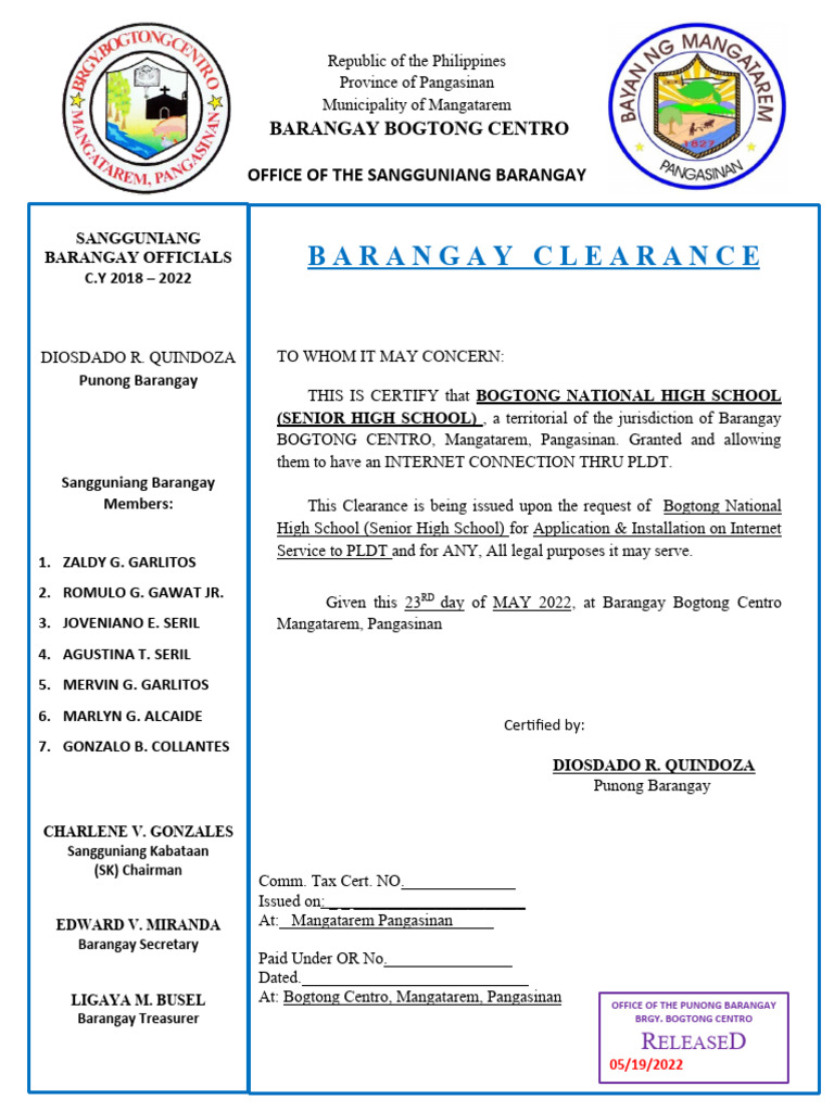 Barangay Clearance for Internet Connection | PDF